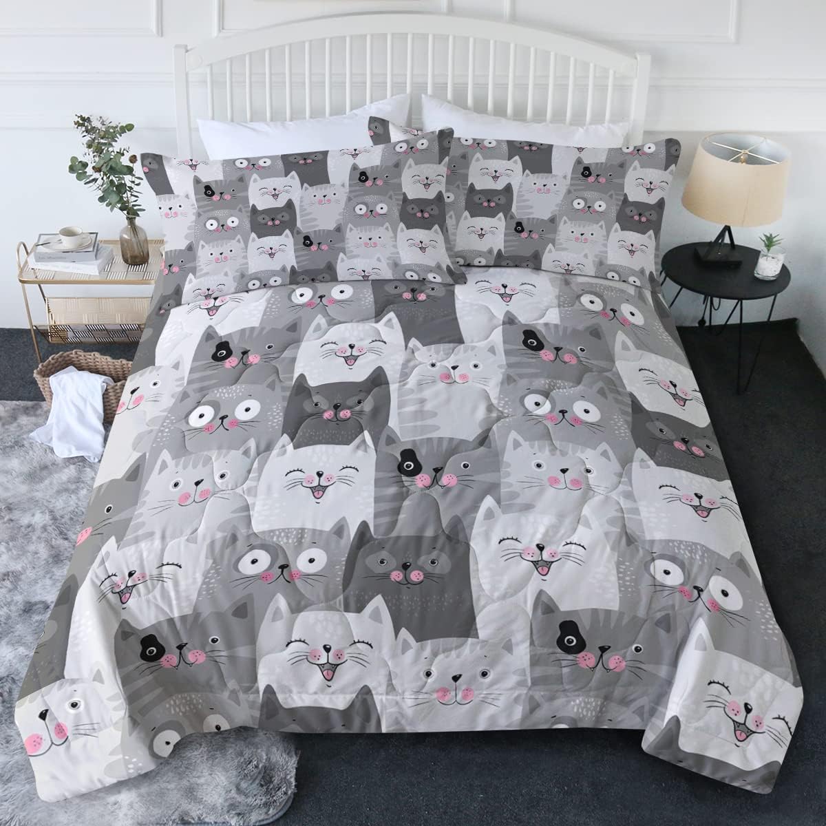 Amazon.com: BlessLiving Cat Comforter Set for Kids Girls Grey Cat ...