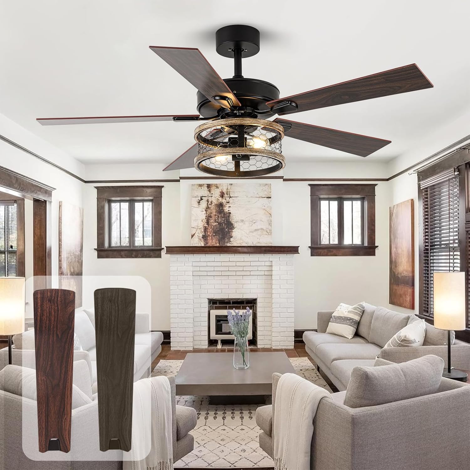 TPA YUTO 52 Inch Farmhouse Ceiling Fan with Light, Black Outdoor ...