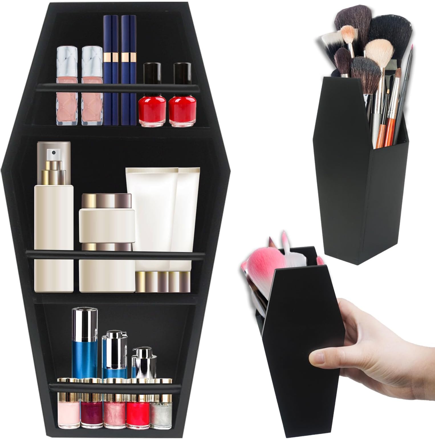 Amazon.com: 16in Makeup Coffin Shelf with 2 Coffin Brush Holder, Wooden ...