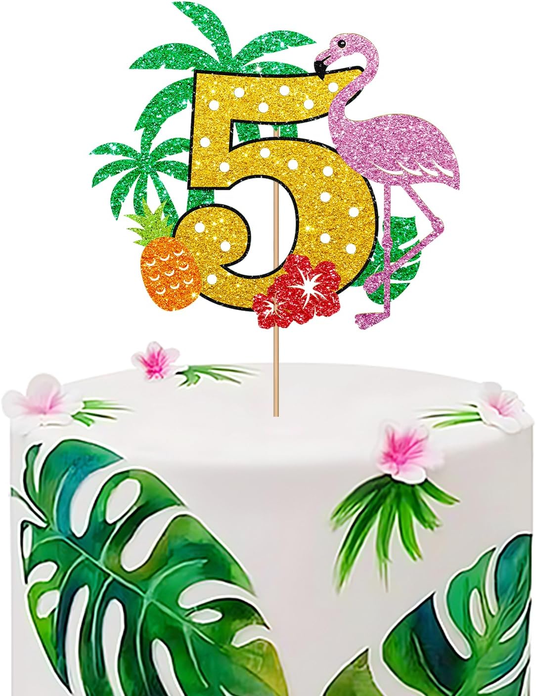 Amazon.com: Flamingo 5th Birthday Cake Topper, Gold Glitter Tropical ...