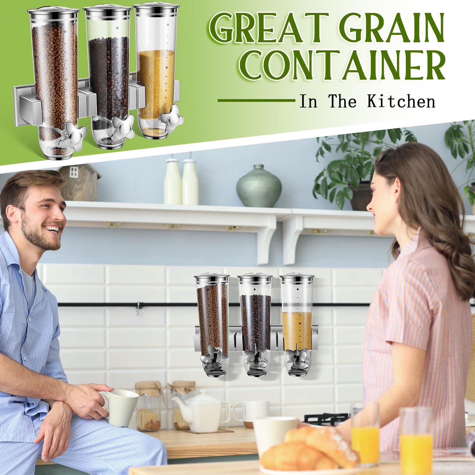 Umigy Candy Dispenser Wall Mounted, Triple Dry Cereal Dispenser Grain ...