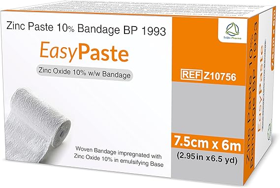 EasyPaste Zinc Paste Bandage – Woven Bandage impregnated with Zinc Oxide 10%, 7.5cm x 6m ...