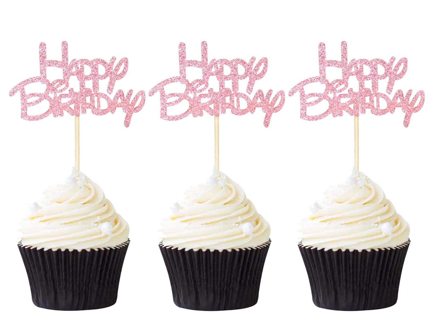 Amazon.com: Pack of 24 Glitter Pink Happy Birthday Cupcake Toppers ...