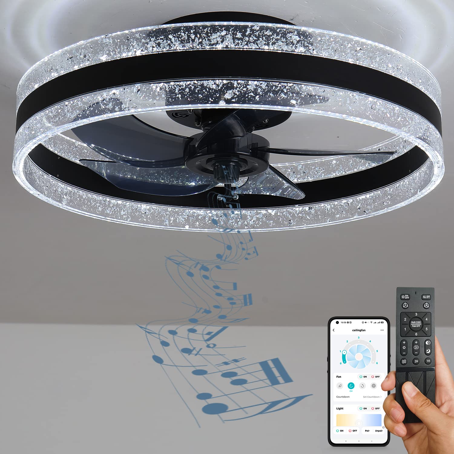 ELFTEAPOT Flush Mount Ceiling Fans with Lights, Enclosed Ceiling Fan ...