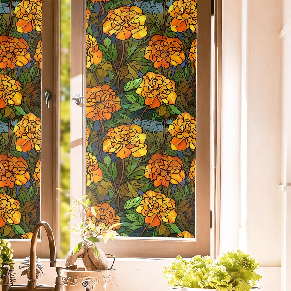 Amazon.com: Yellow Orange Flowers Green Leaf Window Films Decorative ...