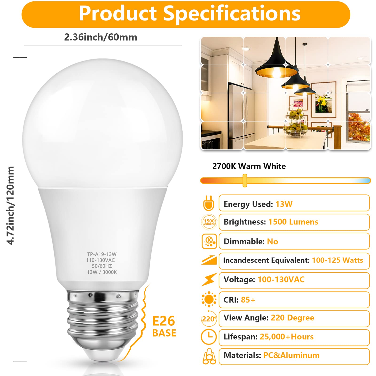 Snapklik.com : A19 LED Light Bulbs, 100 Watt Equivalent, Warm White ...