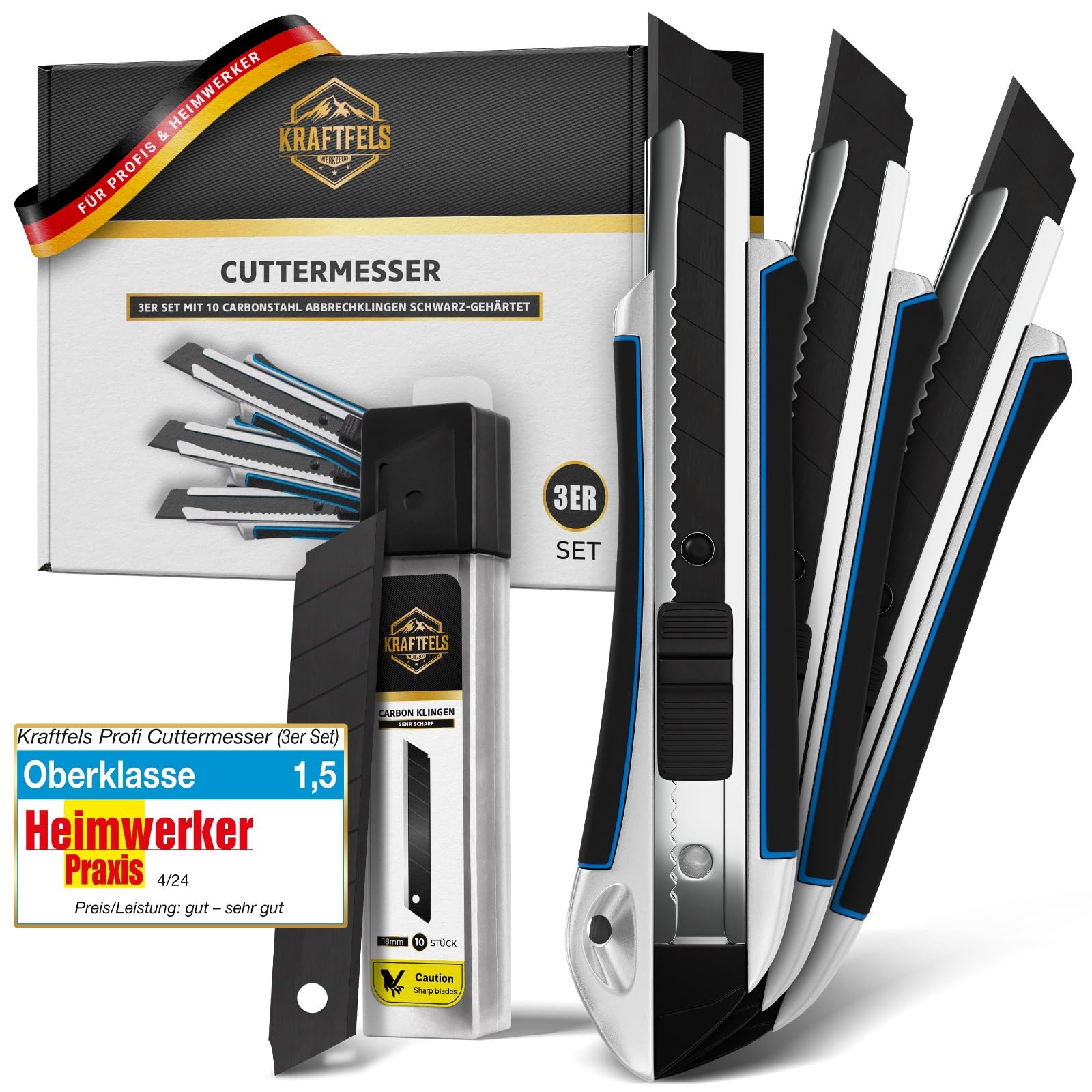 KRAFTFELS Cuttermesser Profi 3er Set - Robustes Cuttermesser 18mm ...