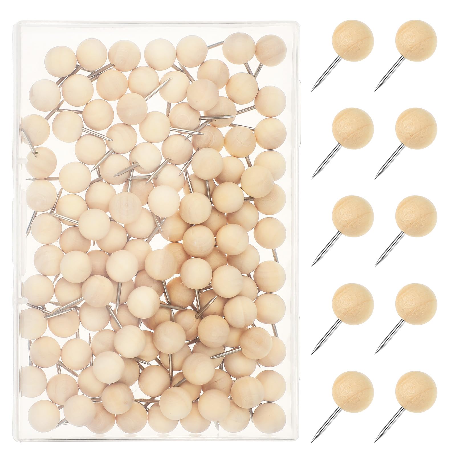 Pack of 120 wooden drawing pins, push pins, round head, wood, natural ...