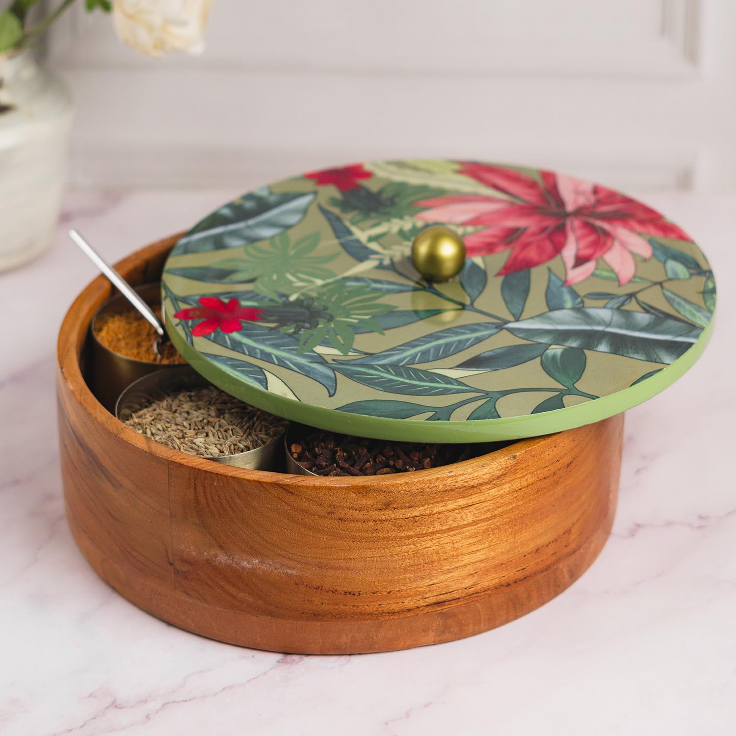 Nestroots wooden masala box for kitchen | 7 Stainless Steel jars ...