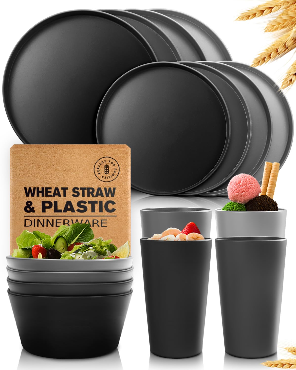 Teivio 16-Piece Kitchen Plastic Coupe Wheat Straw Dinnerware Set ...