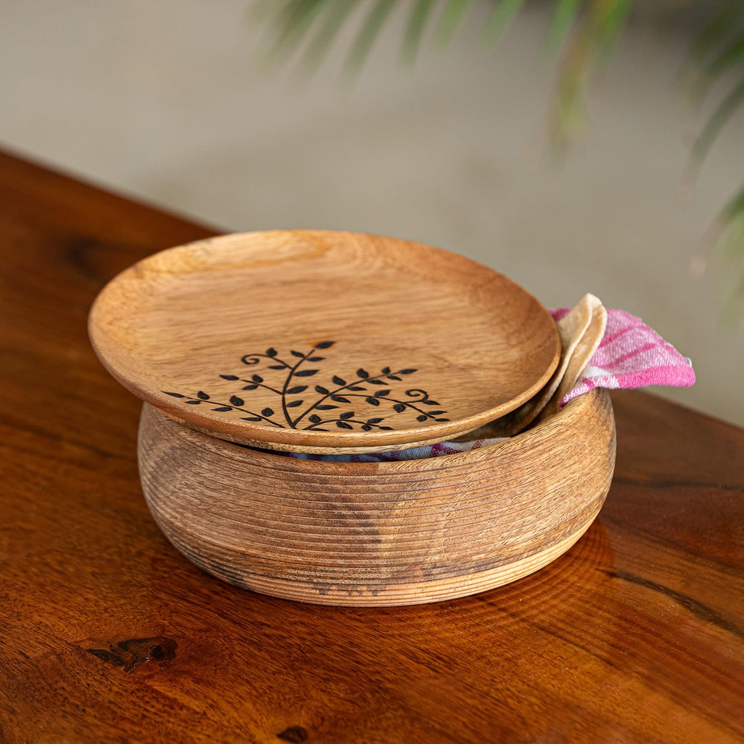 Buy ExclusiveLane 'Burnt Leaf' Wooden Chapati Box for Kitchen with Lid ...