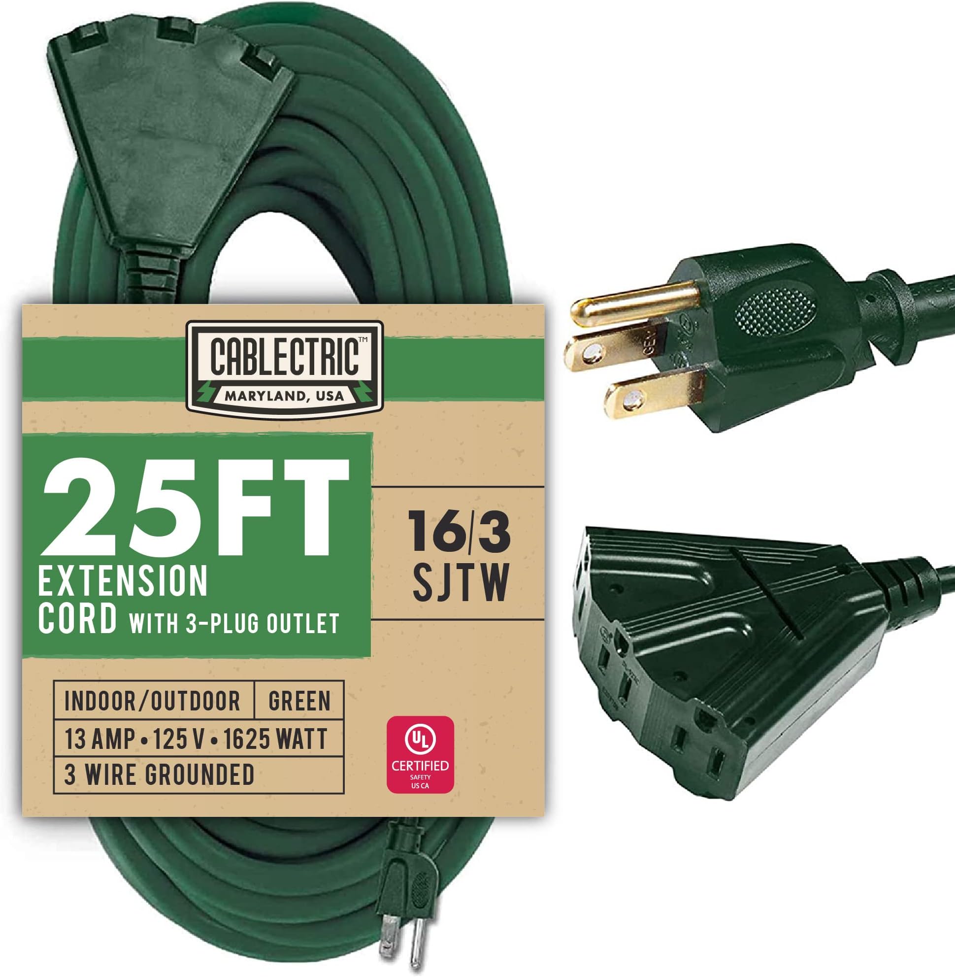 Cablectric 25 ft Outdoor Extension Cord 3 Outlet, 16/3 SJTW ...