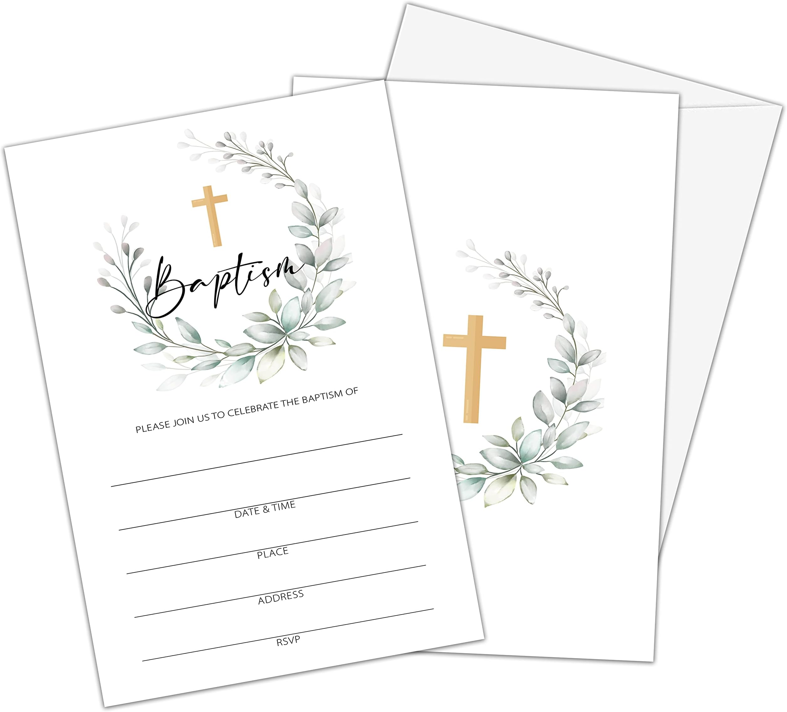 Amazon.com : Eucalyptus Baptism Invitations, Gold Foil First Holy ...