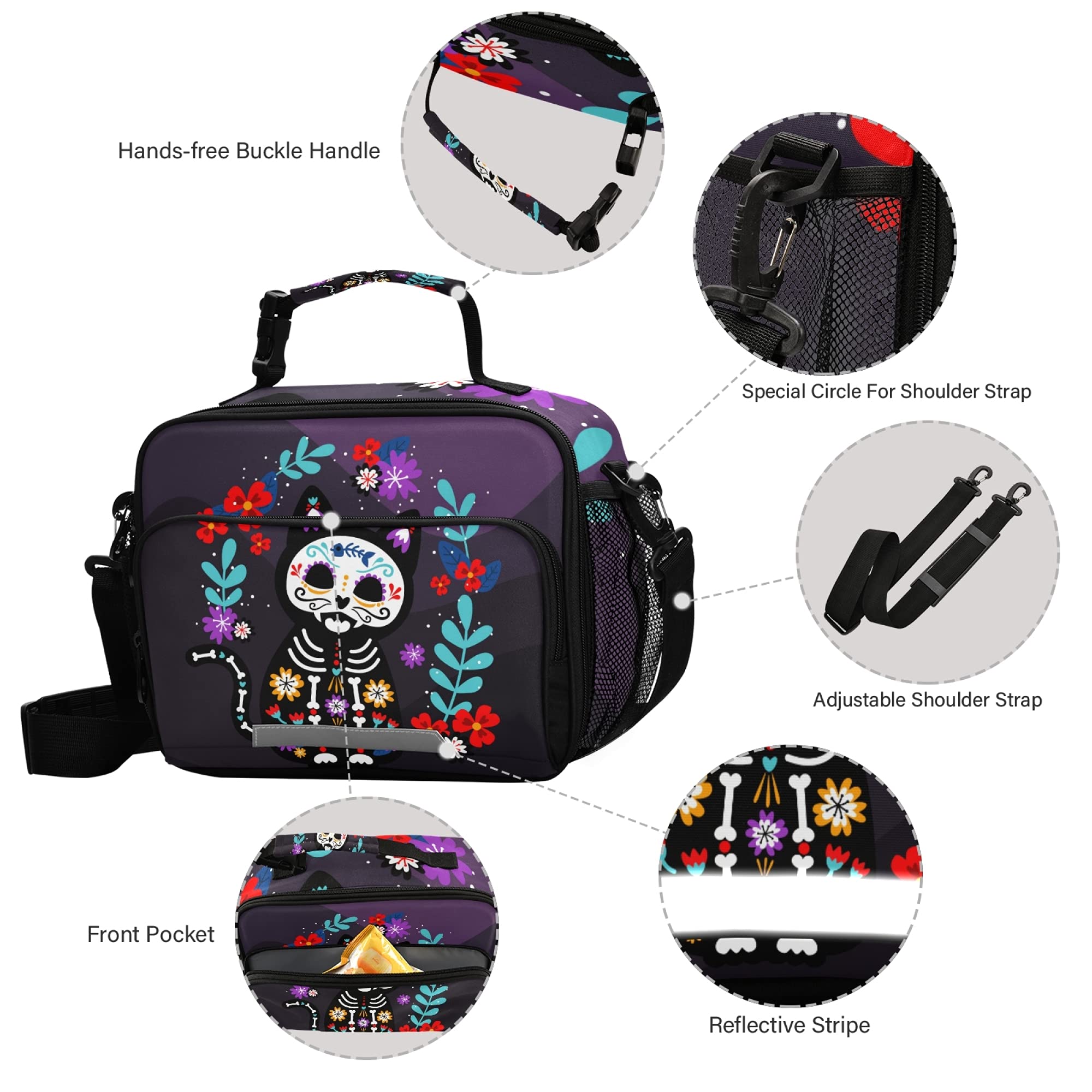 Snapklik.com : Cat Sugar Skull Lunch Bag Insulated Lunch Box Cooler ...