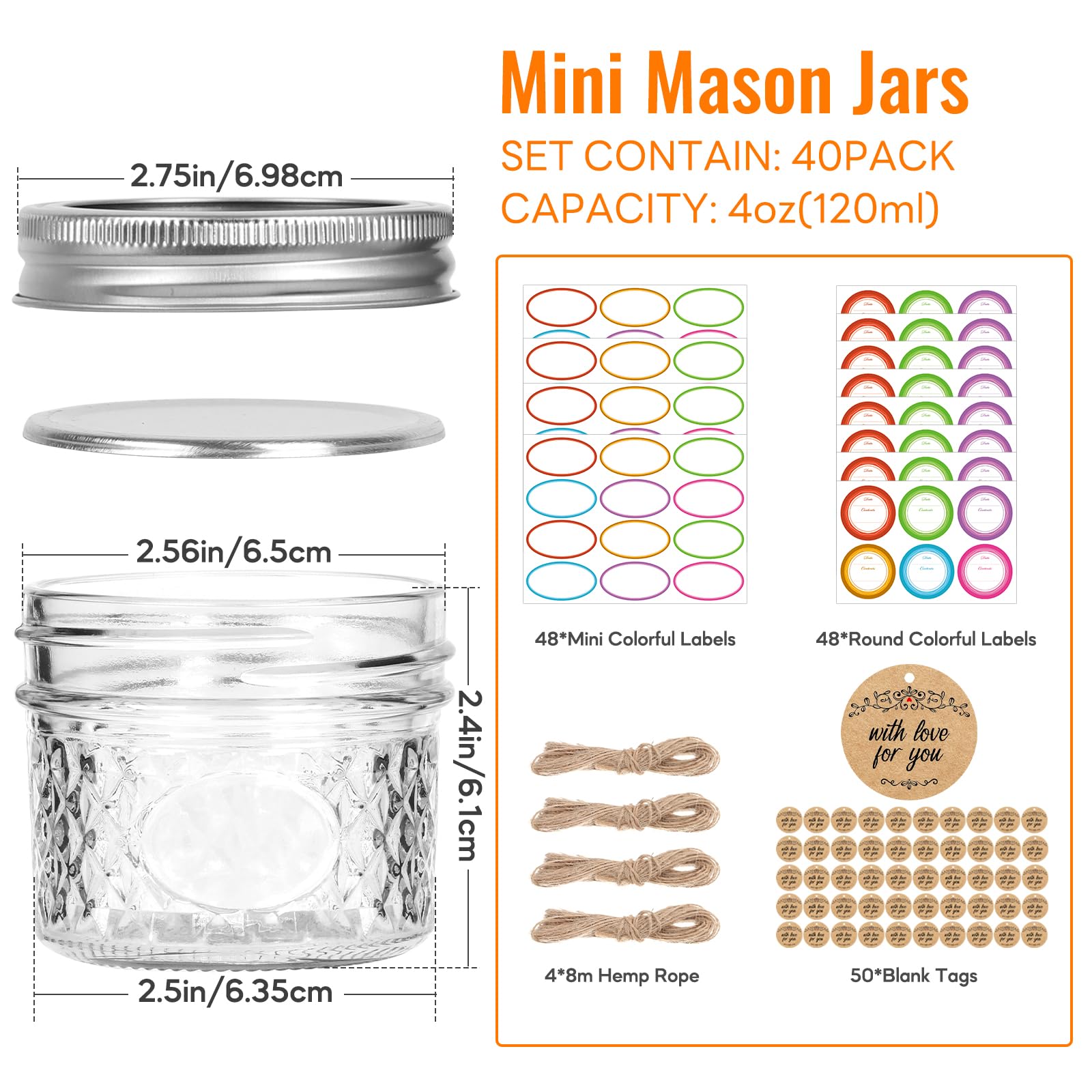 TOEKSIX Mini Mason Jars 4 oz 40 Pack, Regular Mouth Mason Jar with Lids ...