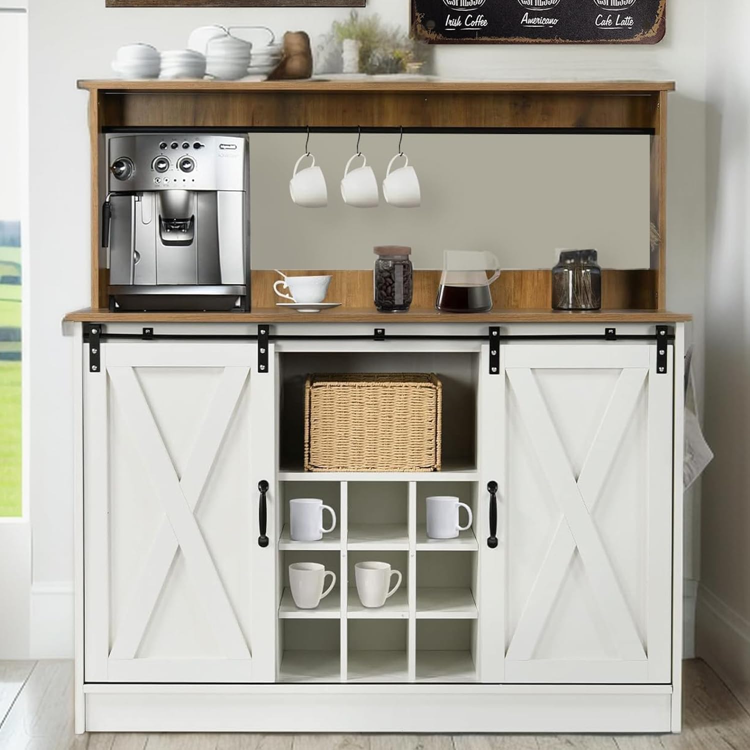 Amazon.com: Farmhouse Coffee Bar Cabinet, 47” Coffee Bar Cabinet with Storage, White Kitchen Bar ...