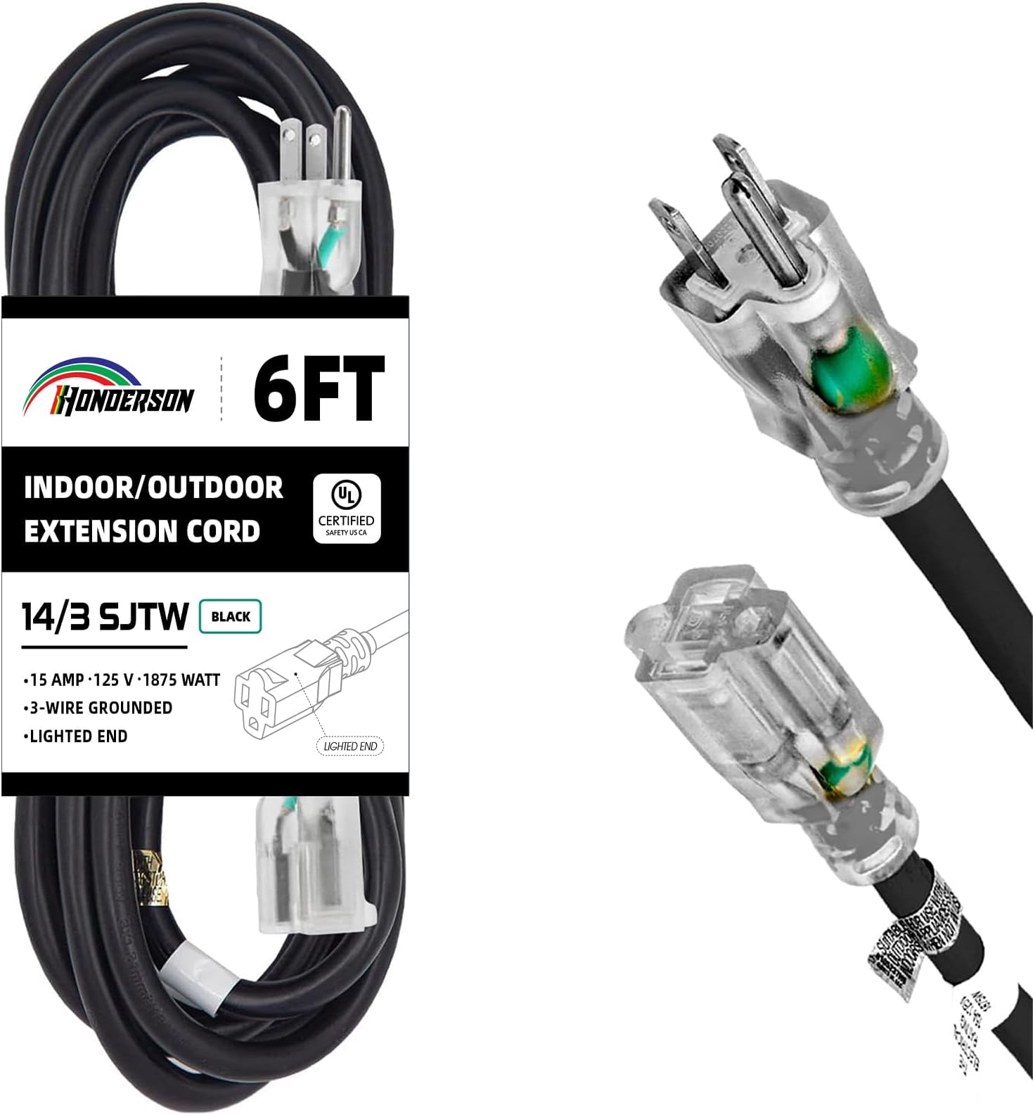 HONDERSON 6FT GFCI Lighted Outdoor Extension Cord - 16 Gauge 3 Prong ...