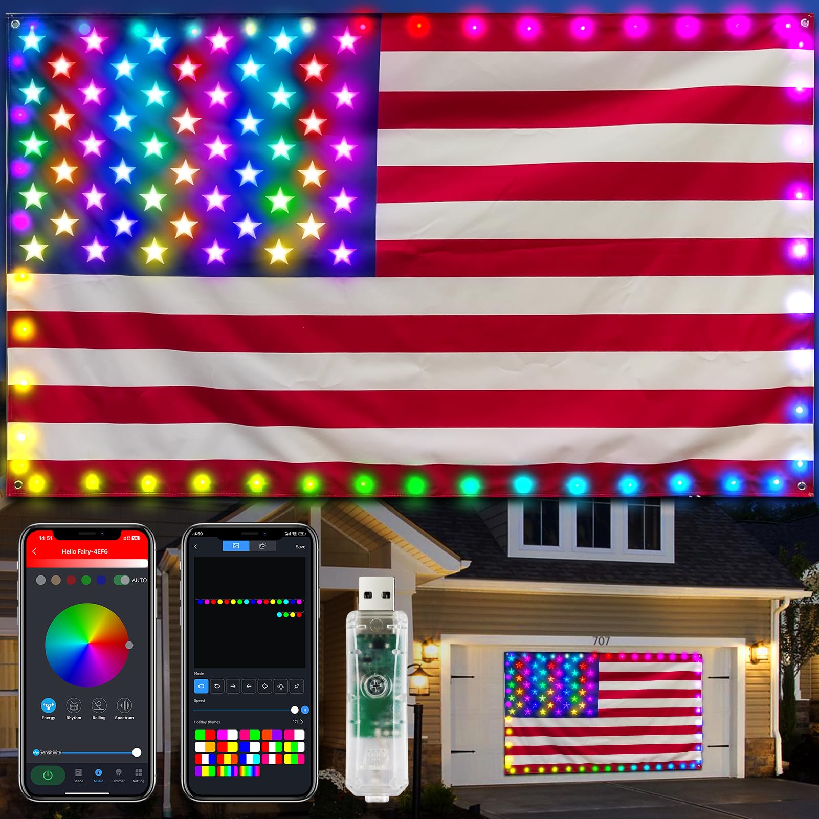 MOZUGUTAO American Flag Lights, 3x5 FT USA Flag with 98 Bright LEDs App ...