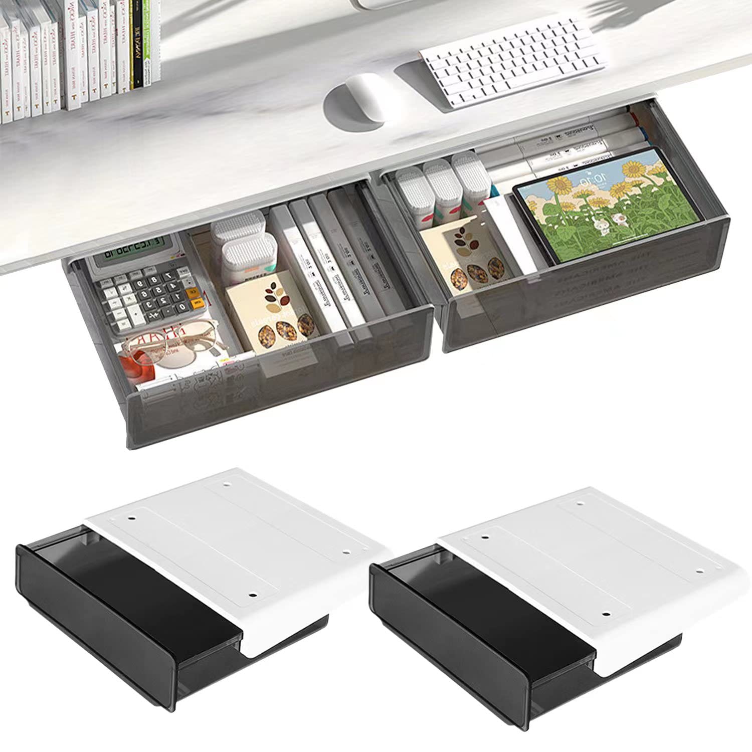Self-adhesive Under Desk Drawer Organizer, 2 Pack Table Hidden Slide ...