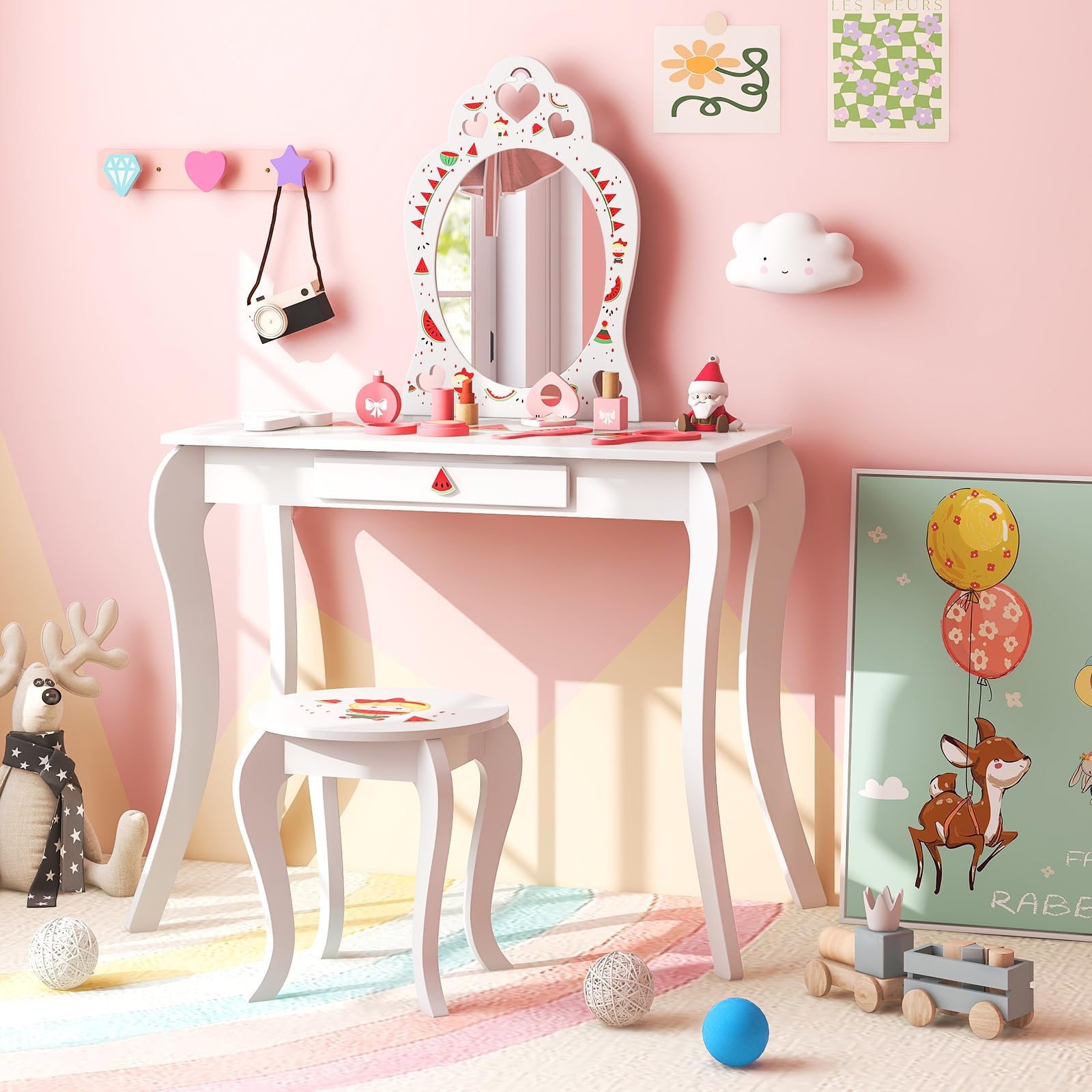 Maxmass 2-in-1 Kids Vanity Table and Stool, Wooden Children Dressing ...