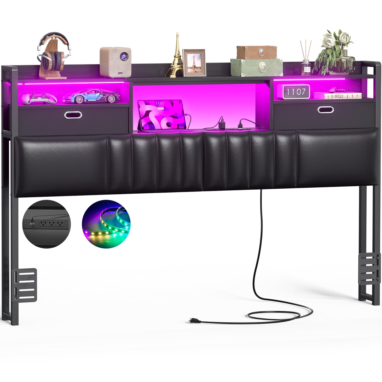 Amazon.com - Unikito Queen Headboard with Drawer Storage and RGB LED ...