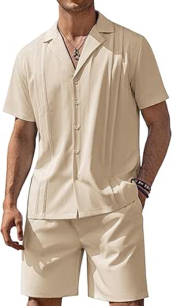 COOFANDY Mens Coordinated Outfit 2 Piece Summer Sets Leisure Short Sleeve Guayabera Shirt and ...