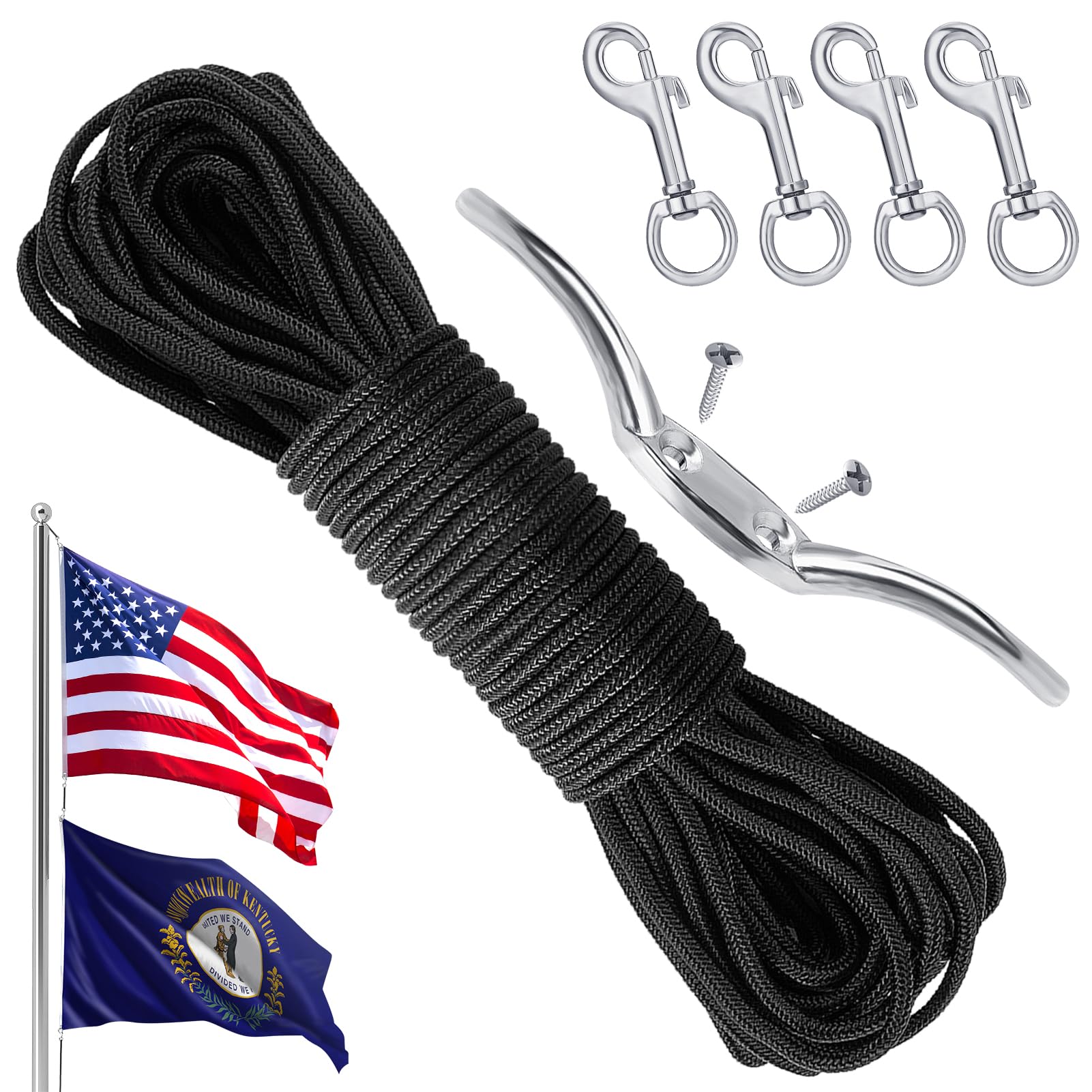 Snapklik.com : Flag Rope And Clips Kit - 100ft Flag Pole Rope Halyard