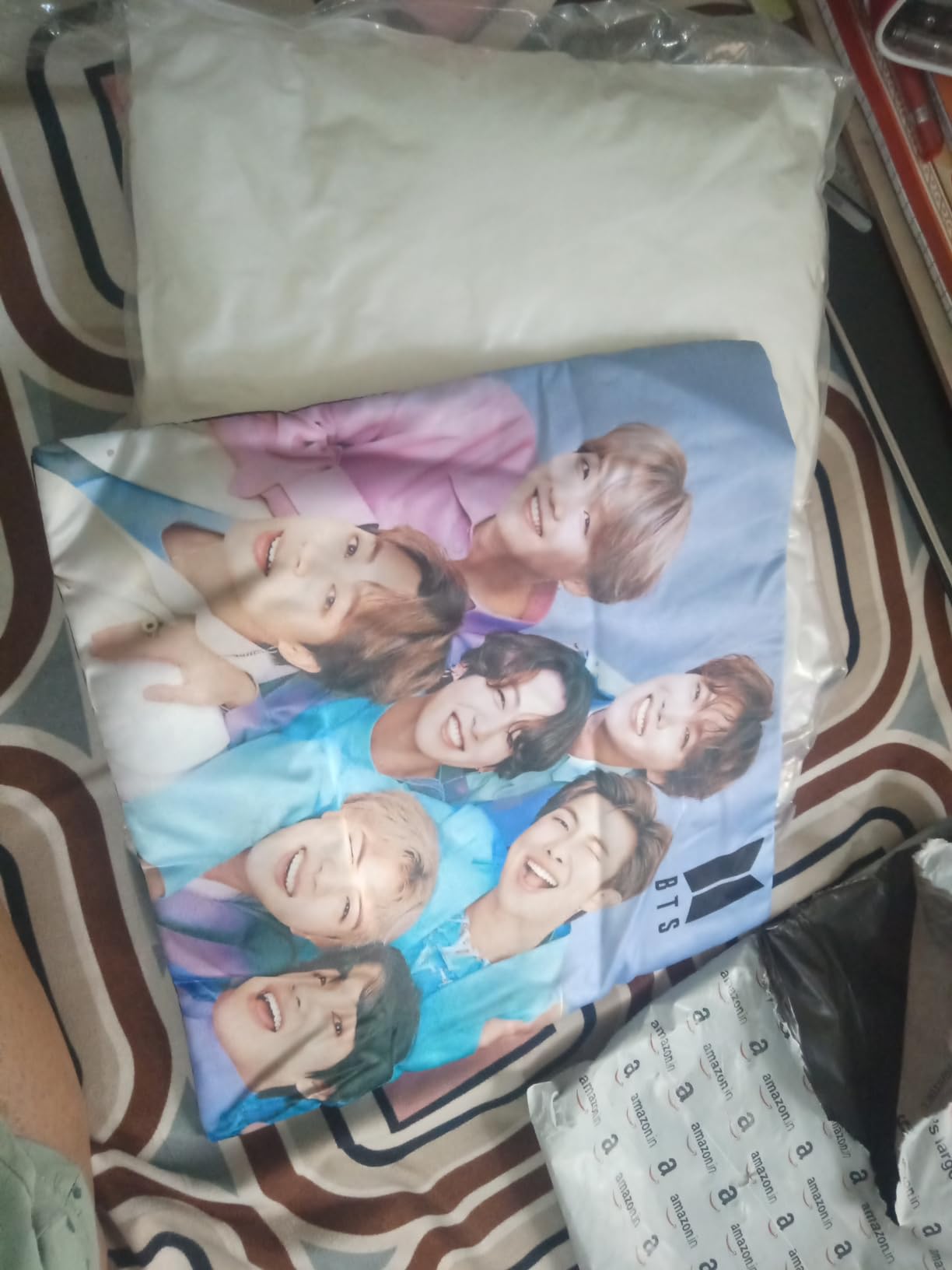 Buy SKYTRENDS Satin Kpop Bts Printed Cushion Cover With Filler (White ...