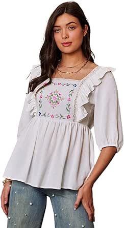 Texture Tie Back Floral Embroidery Frill Blouse at Amazon Women’s ...