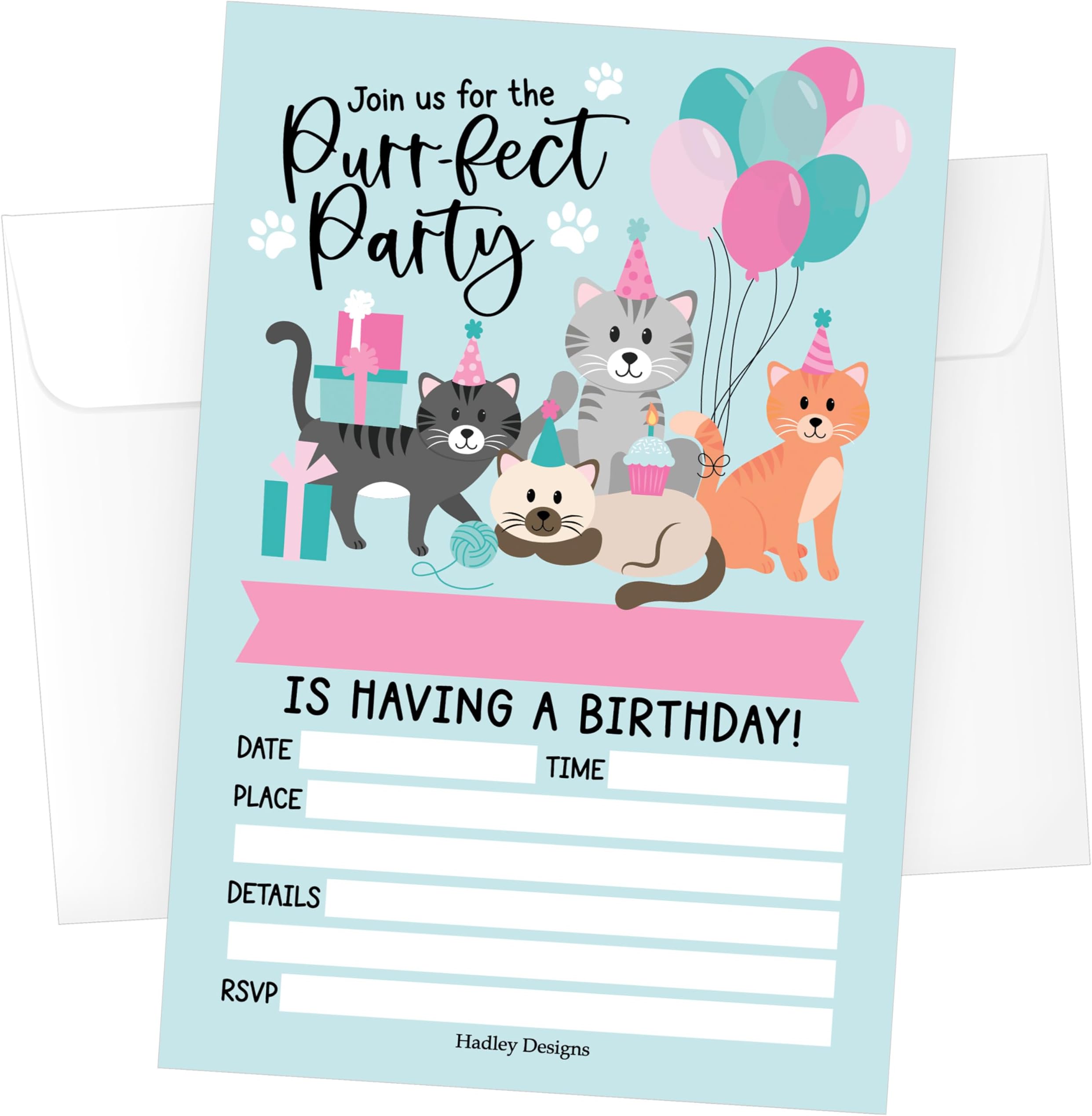 Amazon.com : Chuxvon Cat Birthday Party Invitations, Kitten Birthday ...