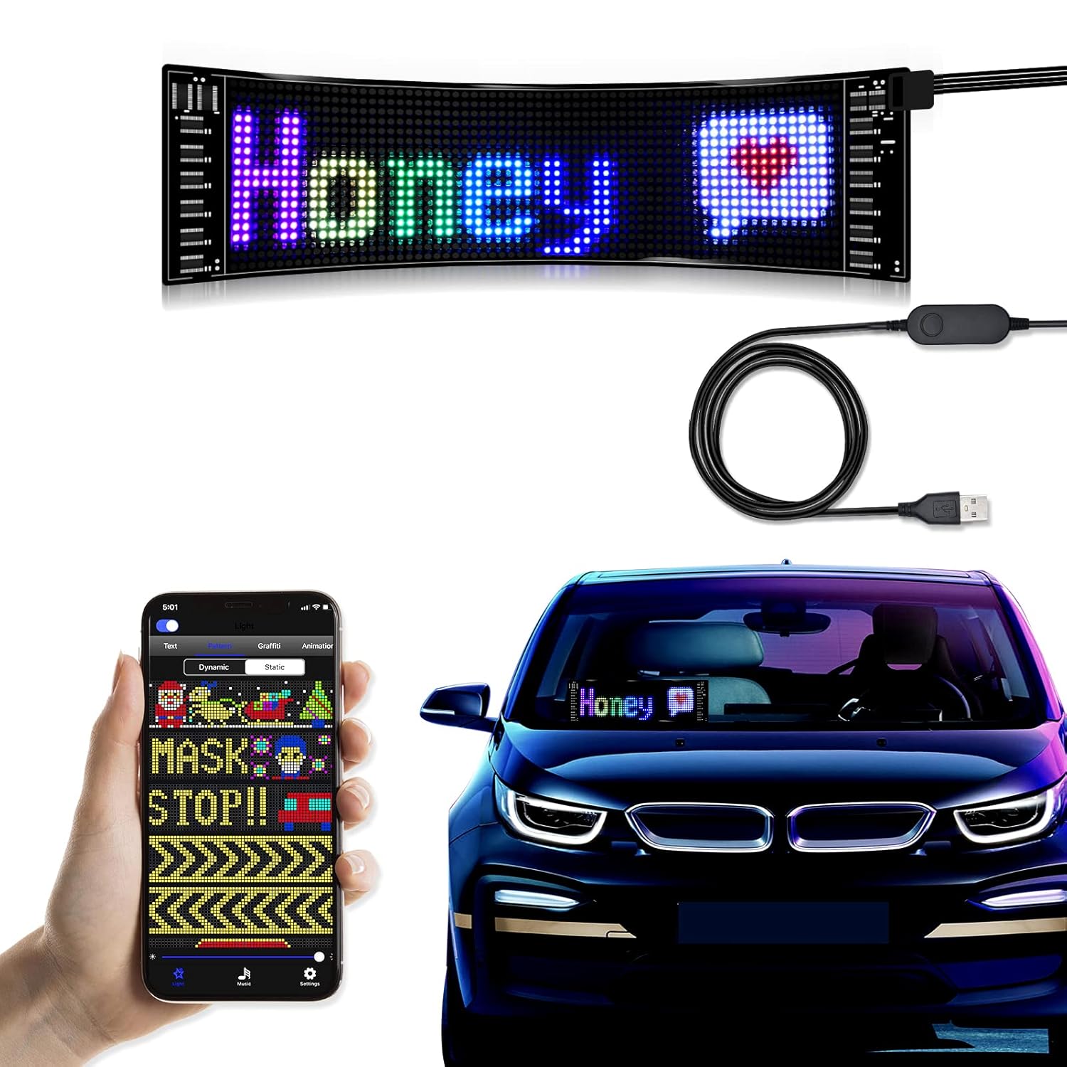 XIAOOHO Programmable LED Car Sign,Scrolling LED Sign,Flexible LED RGB ...