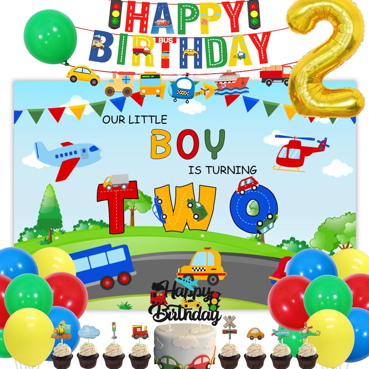Amazon.com: Balerever Transportation 2nd Birthday Decorations for Boys ...
