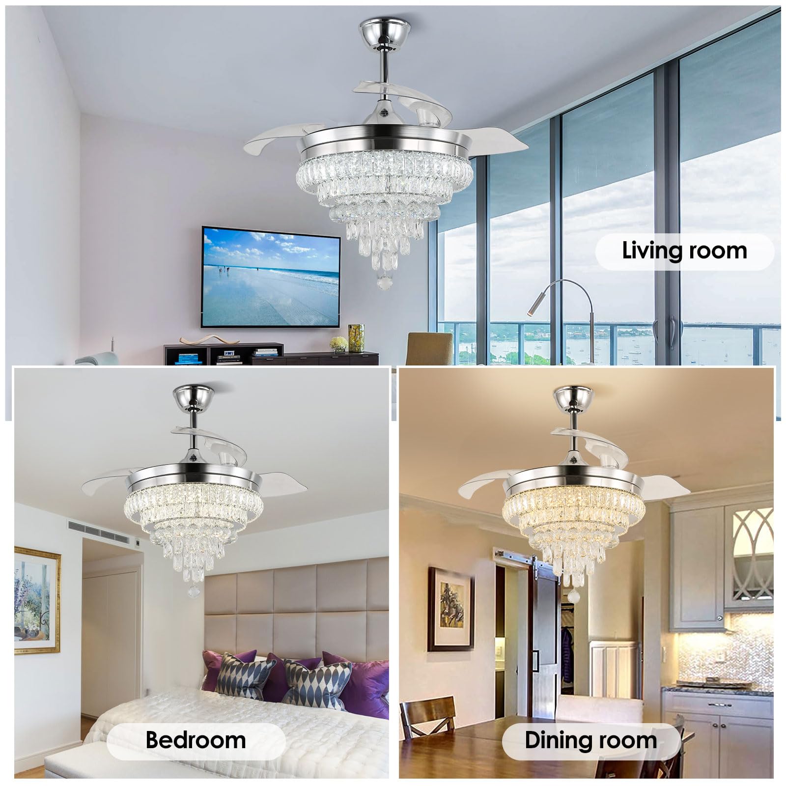 CLAIRDAI 42'' Crystal Ceiling Fan with Light Dimmable Fandelier ...
