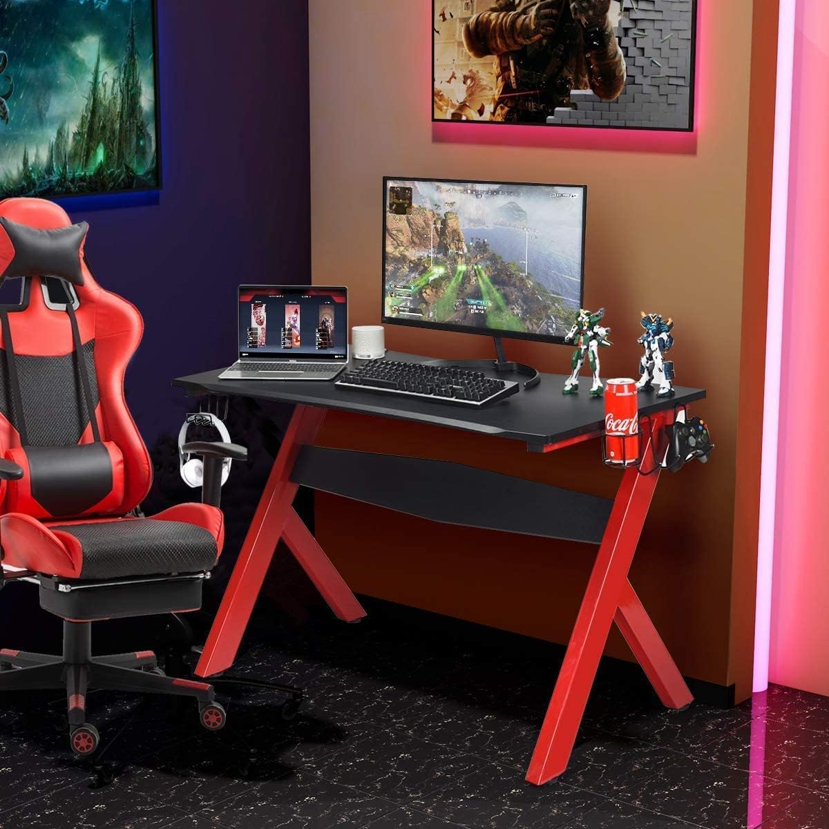 Amazon.com: MEDIMALL R-shaped Gaming Desk, E-sports Table with Cup ...