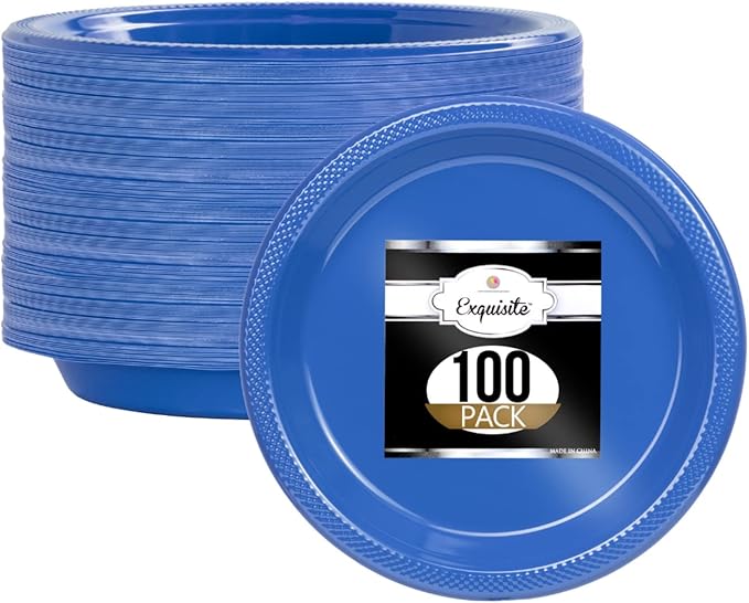 Amazon.com: Exquisite Dark Blue Plastic Plates 100 Count I 9 Inch I ...