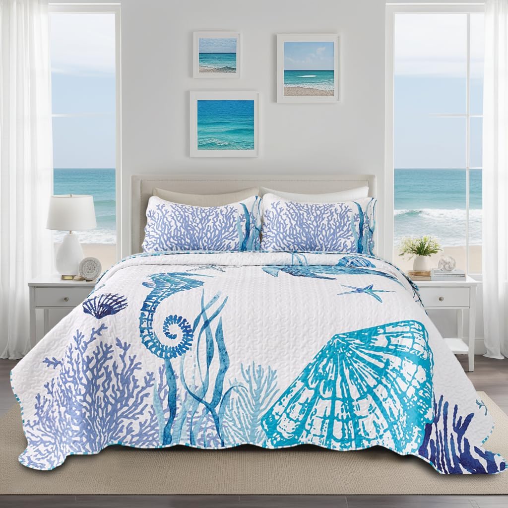 Amazon.com: EVENHUG Coastal Quilt Set King Size Reversible Summer Ocean ...