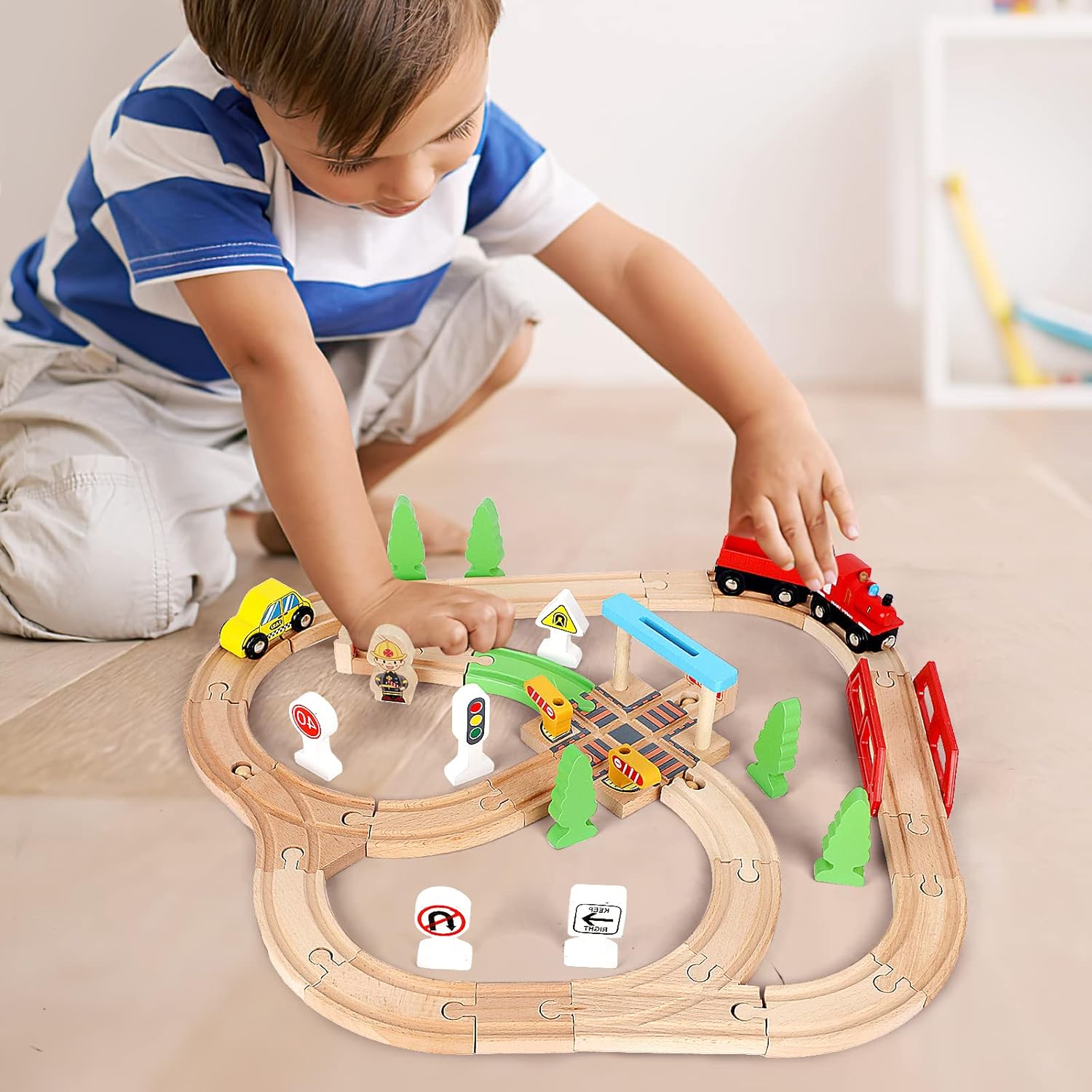 Wooden Train Set, 40 PCS Kids Train Set with 3 Cars, Wood Train Tracks ...