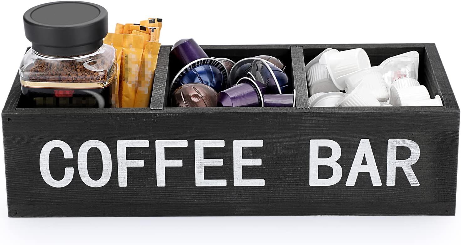 JuxYes Coffee Bar Wooden Storage Box, Coffee Pods Holder with Removable ...