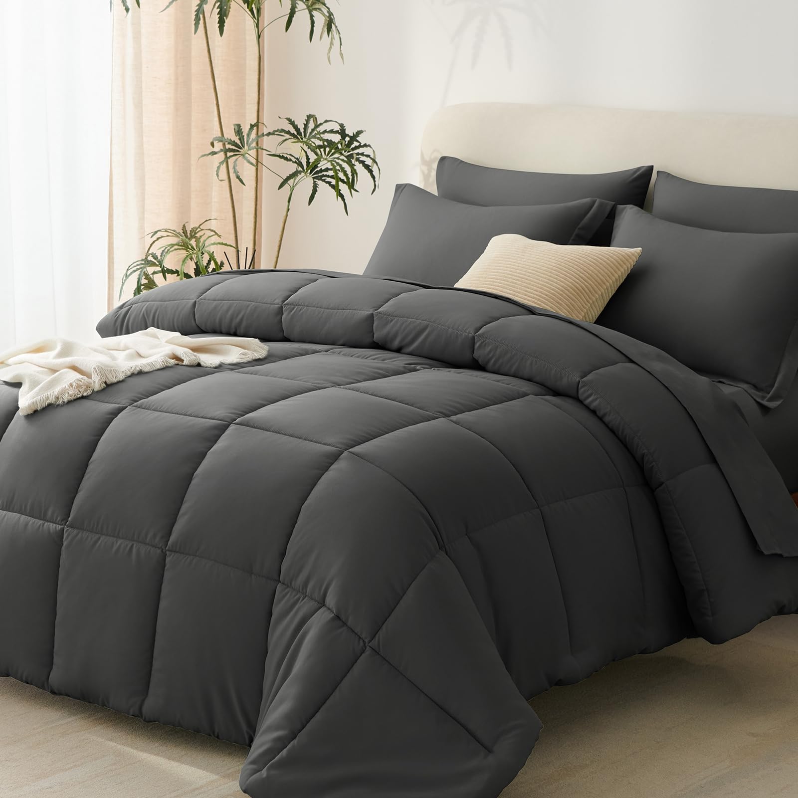 Amazon.com: CozyLux Dark Grey Comforter Full Size 7 Pieces Bed in a Bag ...