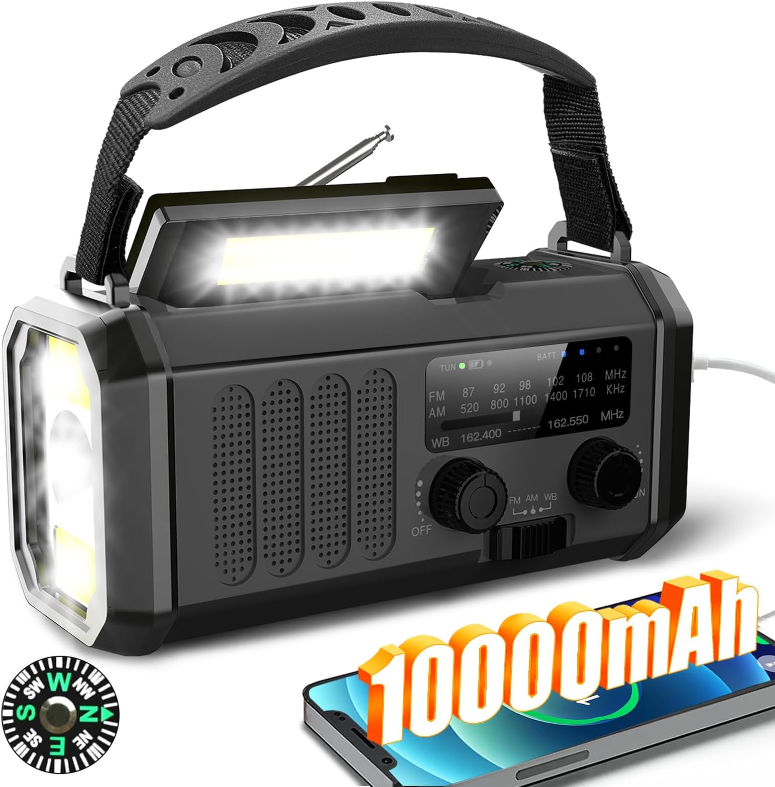 10000mAh Emergency Radio with NOAA Weather Alert,Portable Solar Hand Crank AM FM Radio for ...