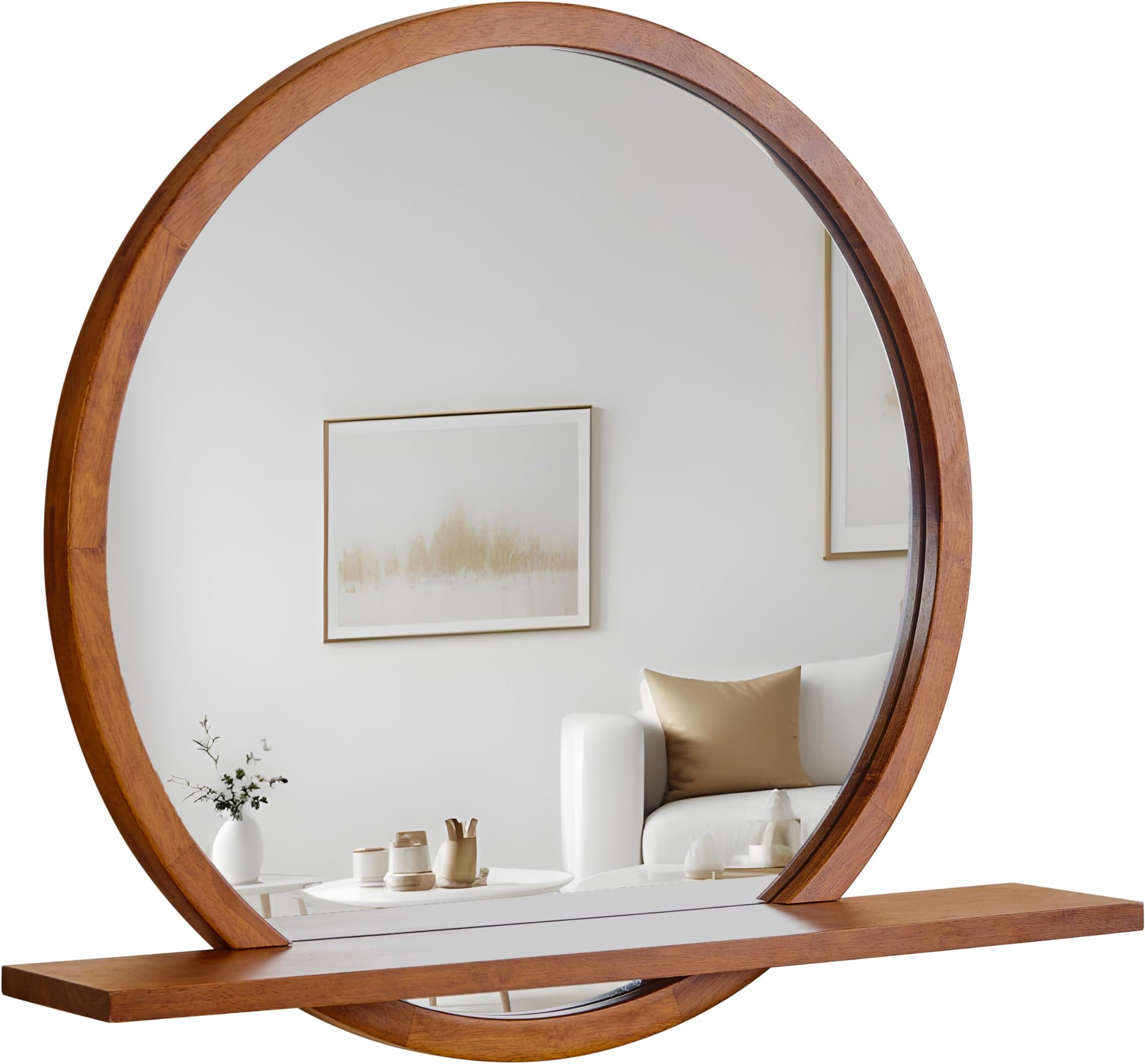 Amazon.com: AGATEO Solid Wood Wall Mirror with Shelf – Round Wood Frame ...