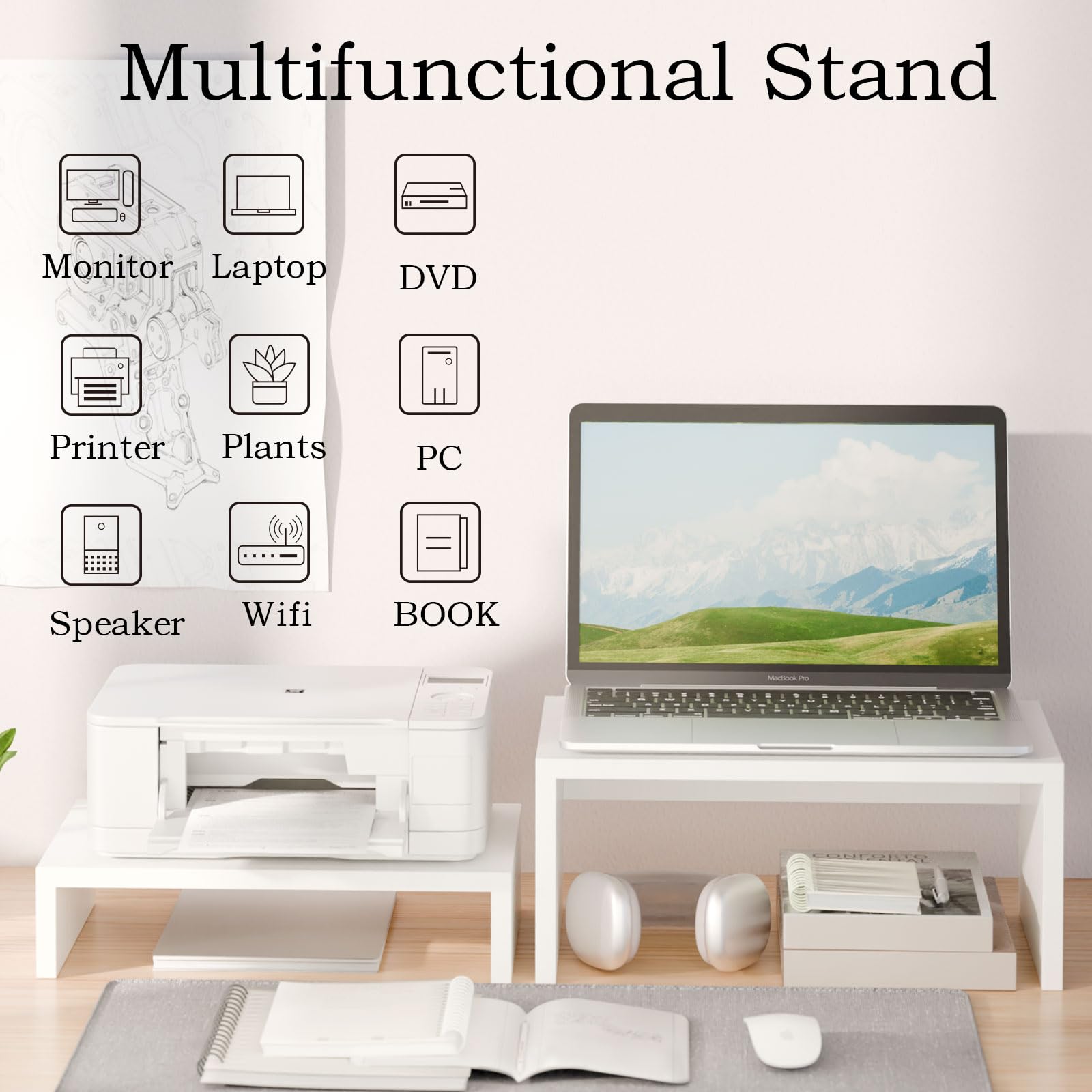 Snapklik.com : TEAMIX Adjustable White Monitor Stand Riser - 2 Pack