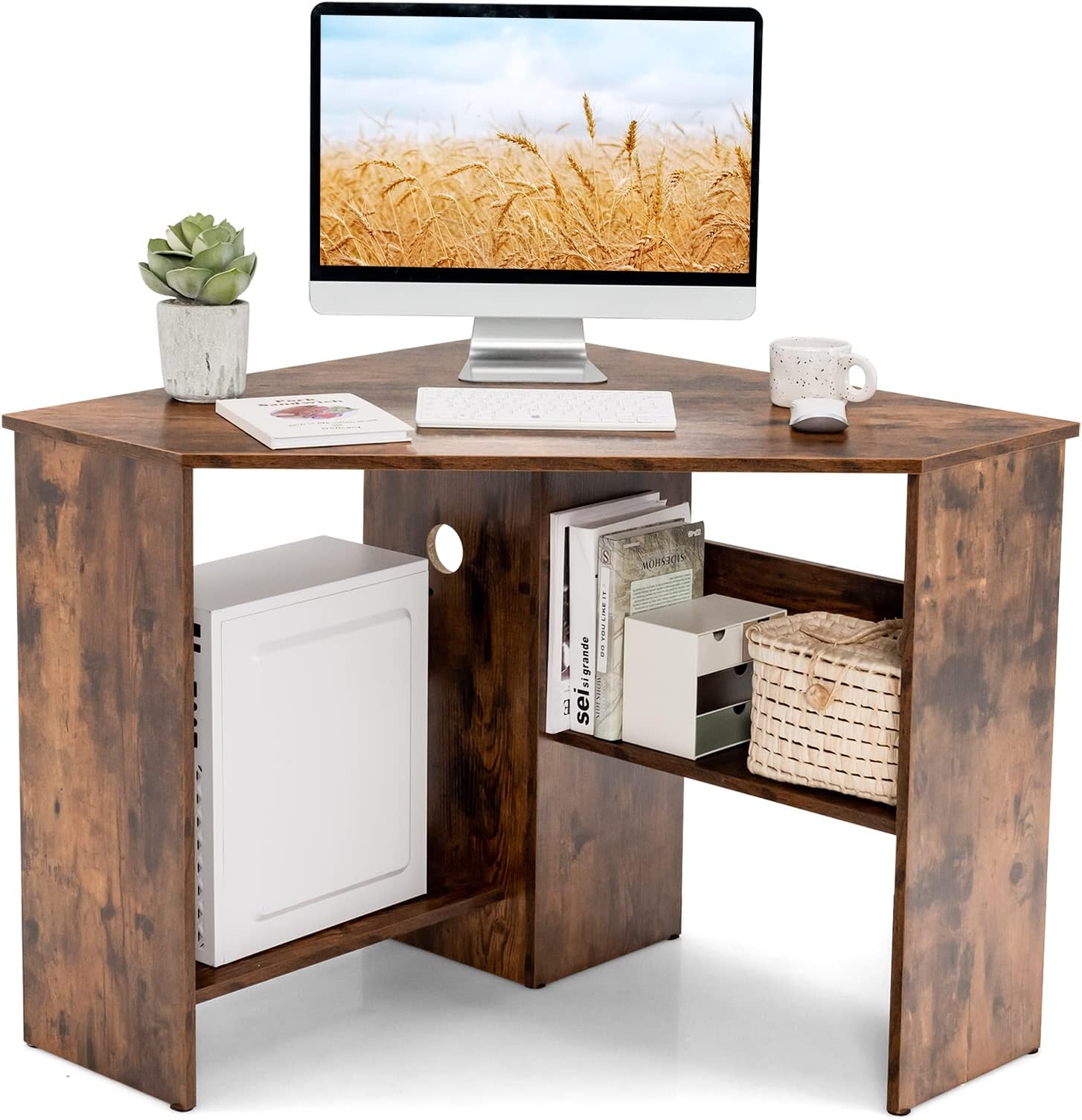 COSTWAY Corner Computer Desk, 360° Rotating Sofa Side Table Writing ...