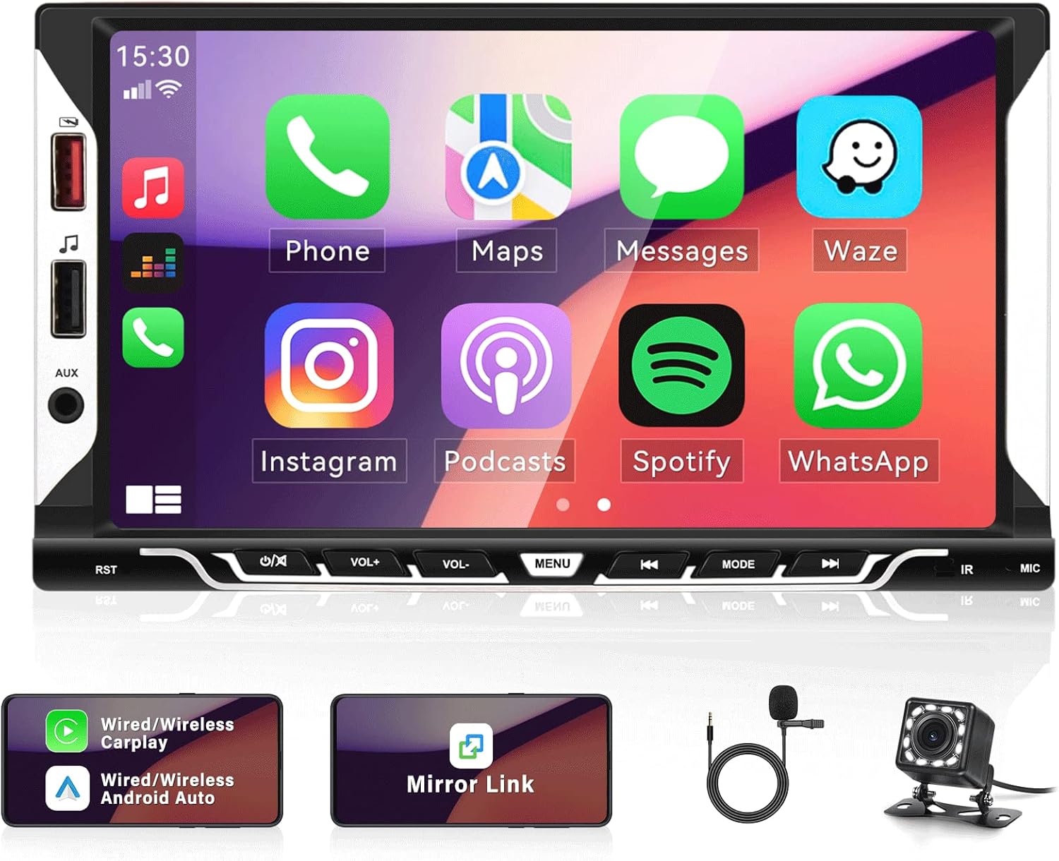 Double Din Car Stereo with Wireless Apple CarPlay Android Auto, Car ...