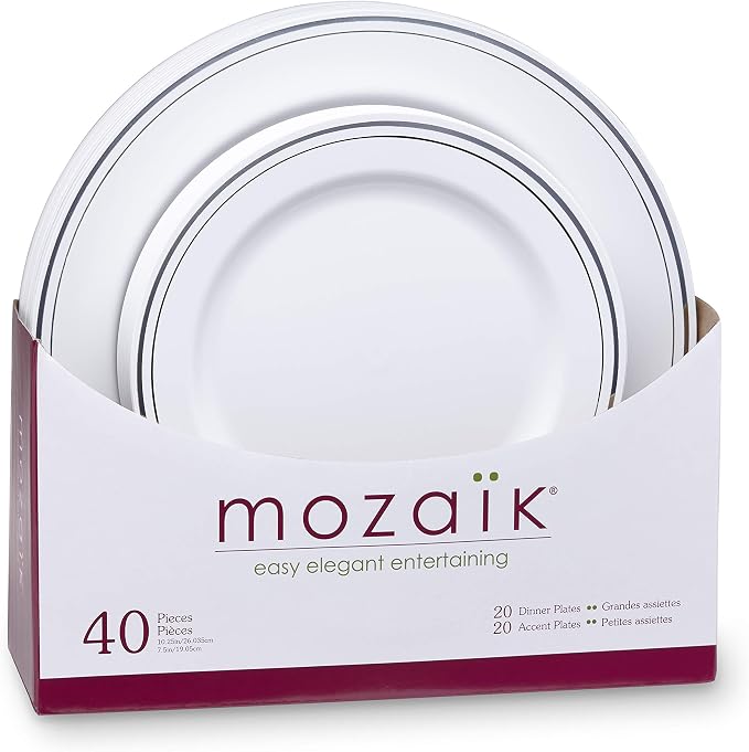 Amazon.com: Mozaik Premium Plastic Silver Banded Plate Set, 40 pieces