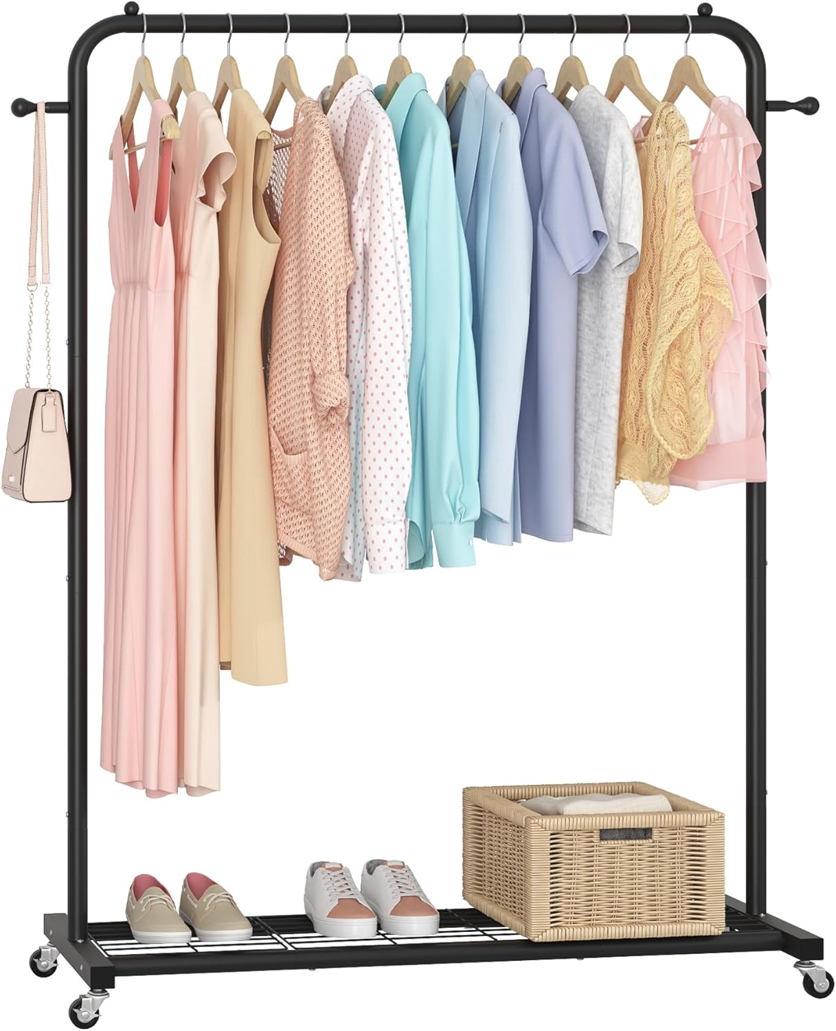 Amazon.com: Sywhitta Clothing Rack on Wheels with Mesh Storage Shelf ...