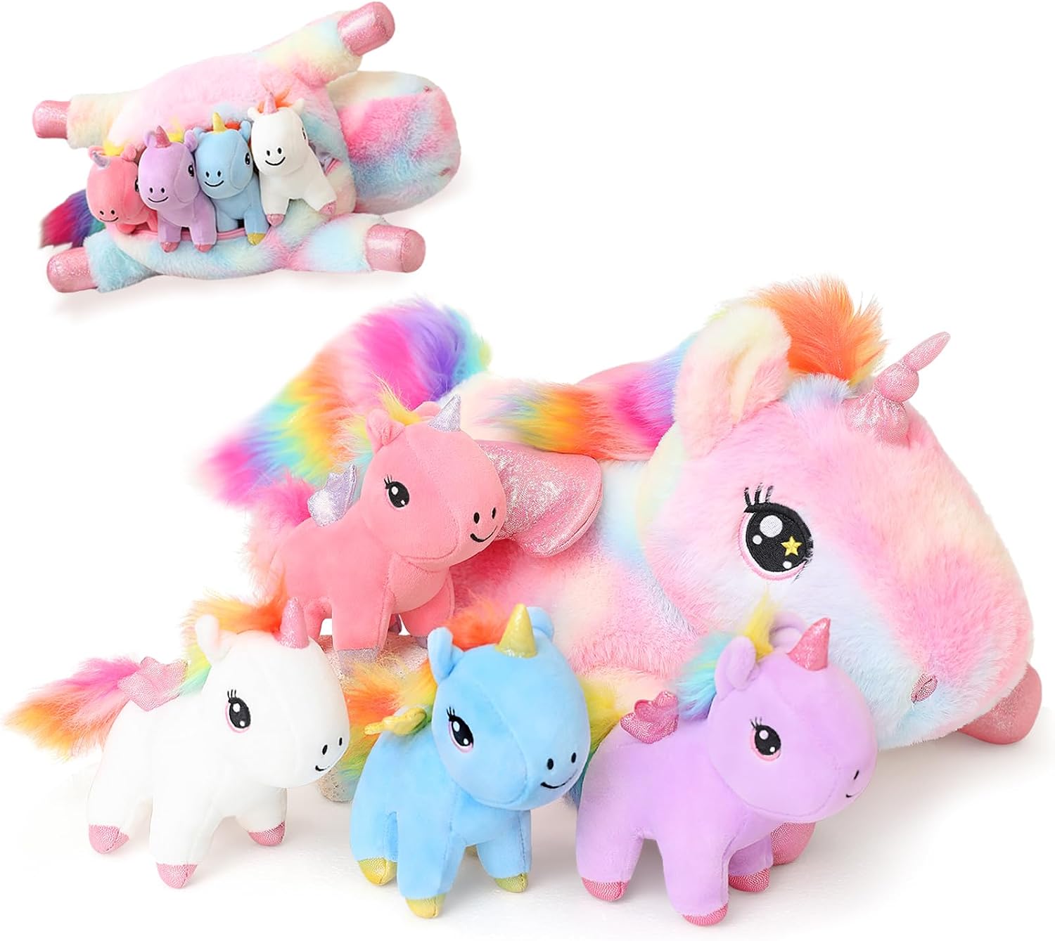 SQEQE Unicorn Stuffed Animal Colorful Unicorn Plush with 4 Babies in ...