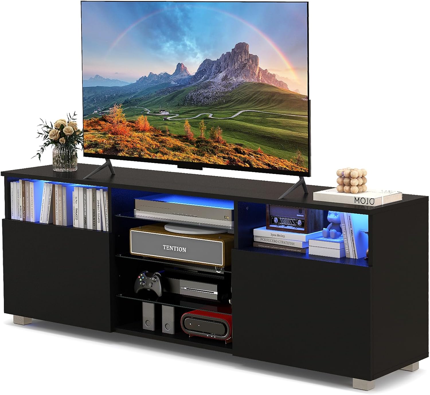 COSTWAY LED TV Stand Cabinet for 65 inch TVs, Wooden Entertainment ...