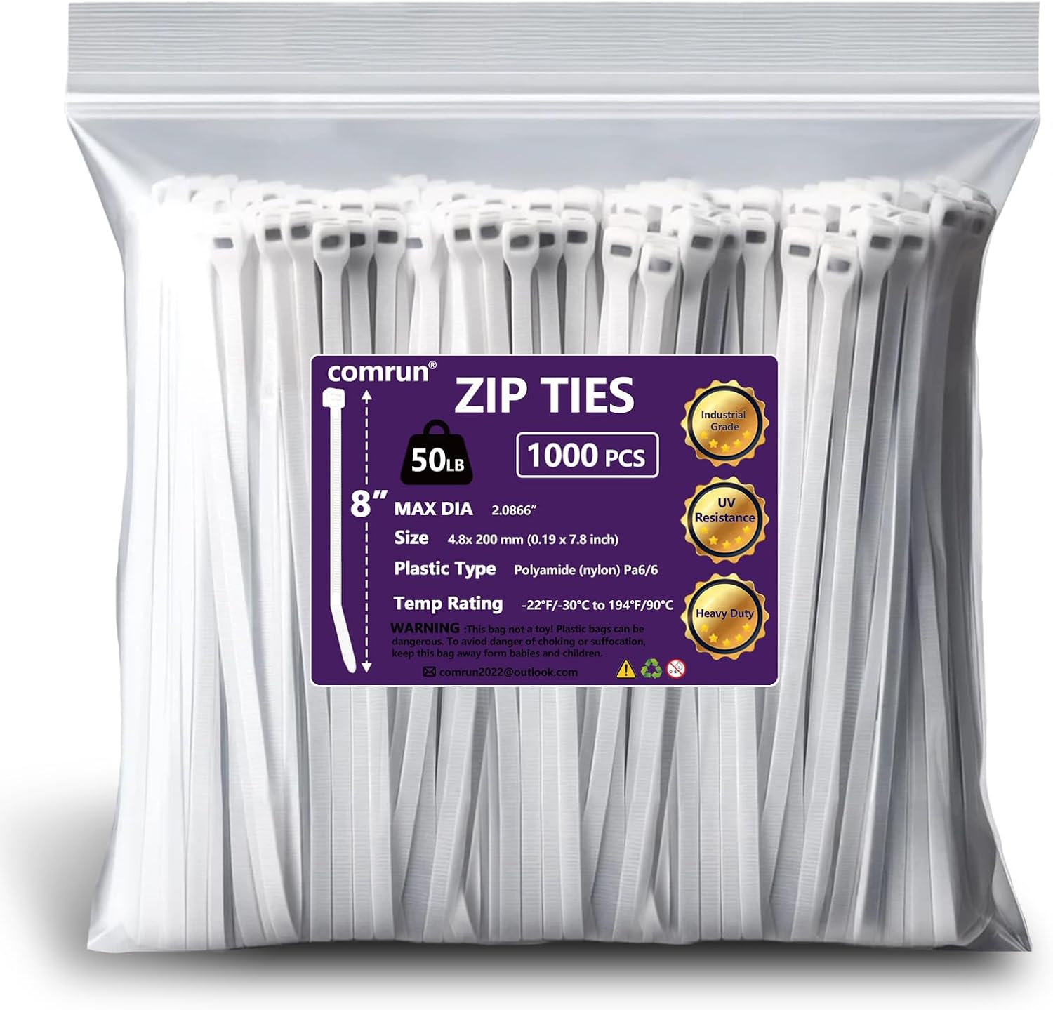 Amazon.com: COMRUN 1000pcs 8Inch Nylon Zip Ties, 50 Pounds Tensile ...