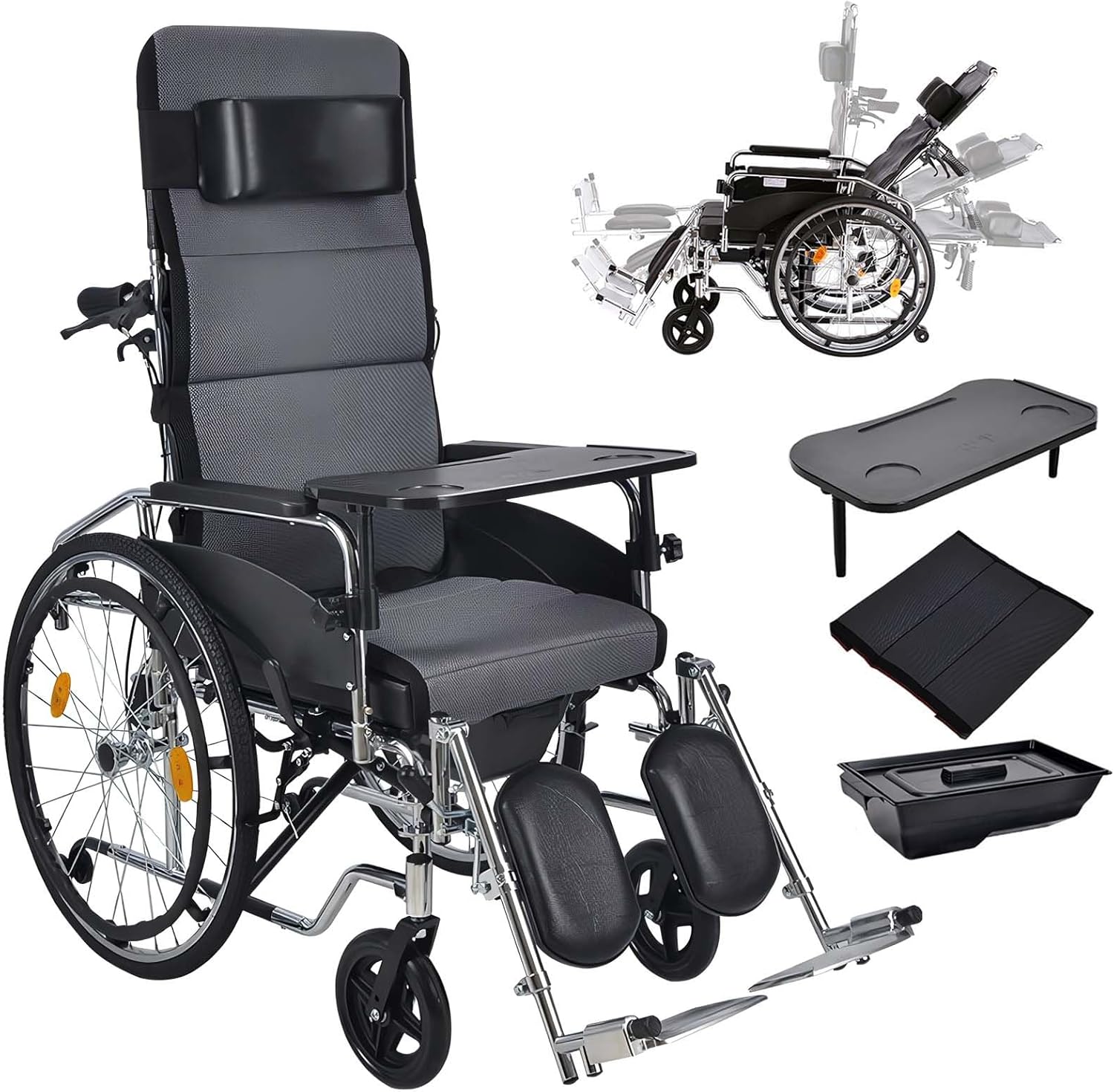 Amazon.com: Reclining Wheelchair with Detachable Armrest & Tray - High ...